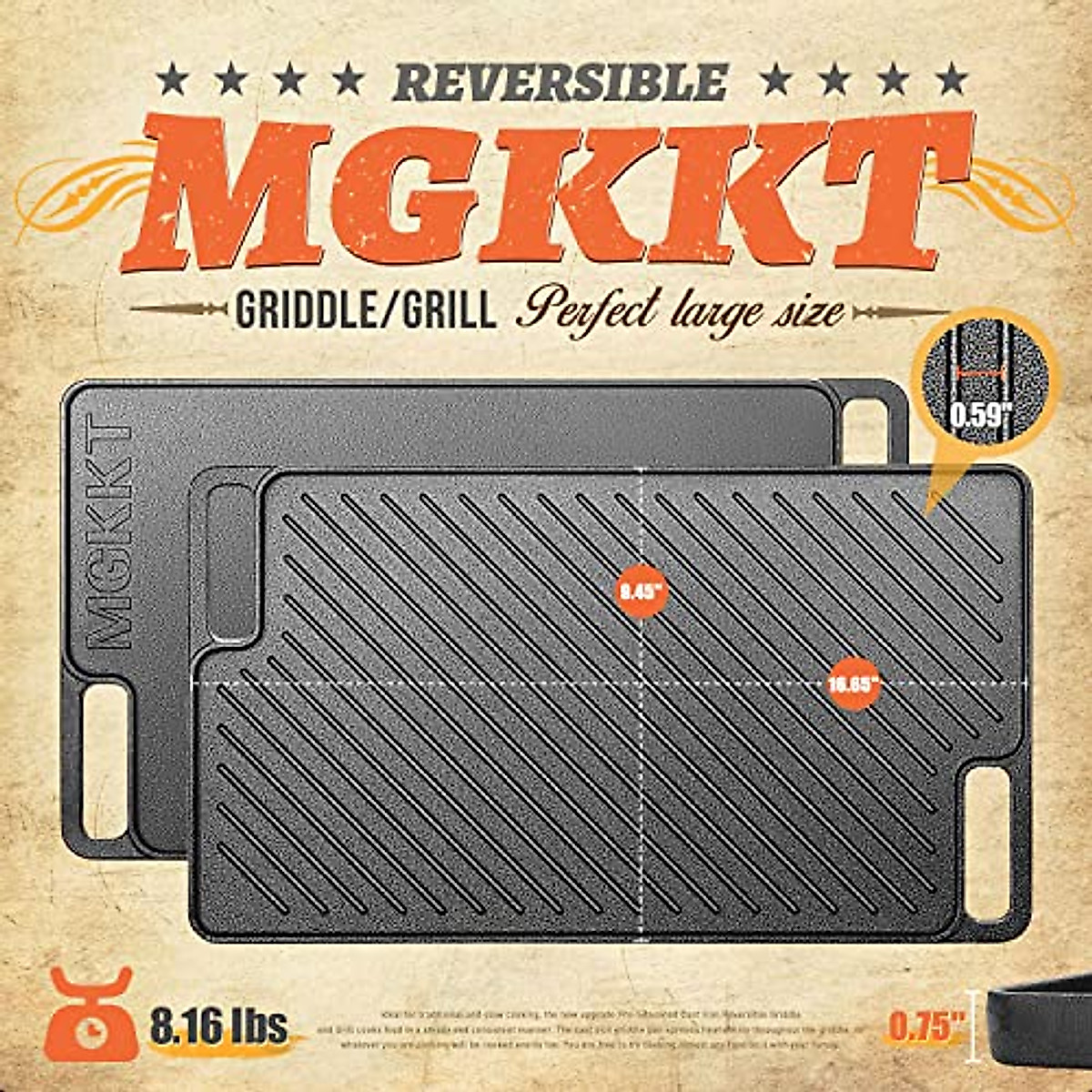 1-Piece 16.50 Inch Cast Iron Griddle Plate | Reversible Pre-Seasoned Cast Iron Grill Pan for Gas Stovetop | Double Sided Used on Open Fire & in Oven | Pre-Coated With Oil