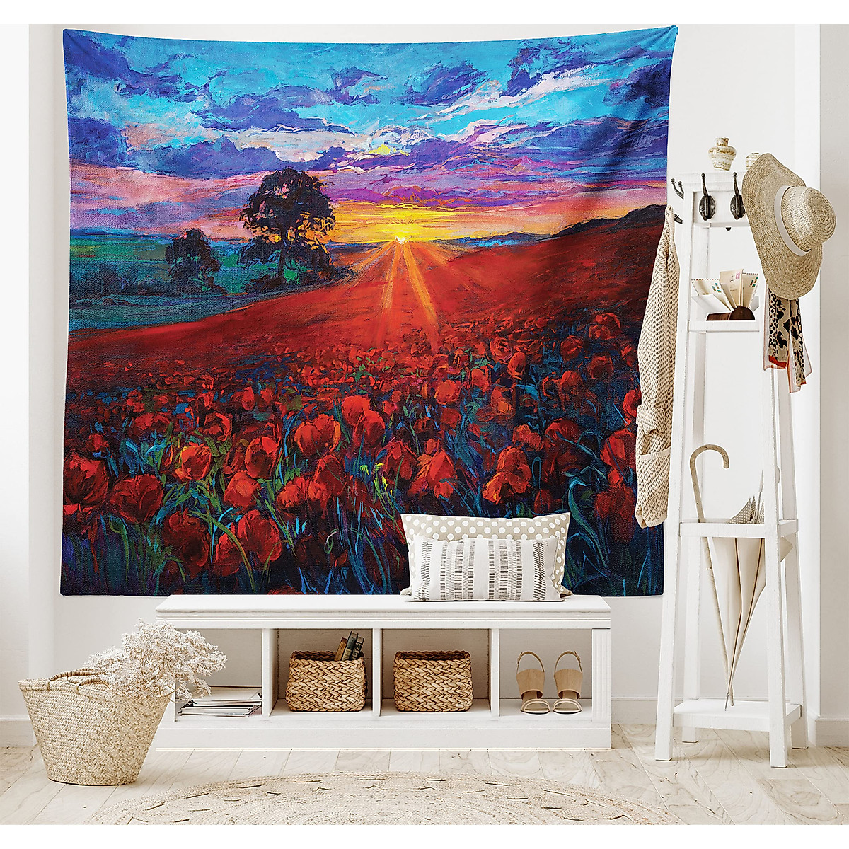 Ambesonne Country Tapestry, Clouds at Sunset Paint Scenery of Poppy Flower Garden on Valley with Horizon, Wide Wall Hanging for Bedroom Living Room Dorm, 60" X 40", Burgundy Deep Sky Blue