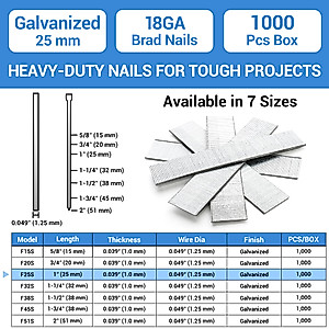 meite 18 Gauge Brad Nails, 1 Inch 18GA Brad Nails Galvanized Small Finishing Nail Gun Nails for Pneumatic, Electric Brad Nailer Gun (1,000 Counts)