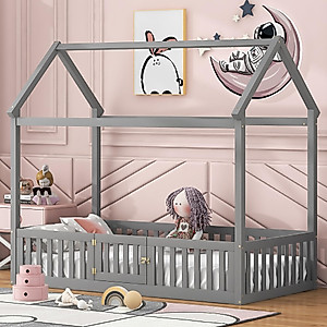Bellemave Twin Size Montessori House Bed for Kids, Wood Floor Beds with Fence Railings & Door, Twin Playhouse Bed for Boys Girls, Box Spring Needed, Gray Wash