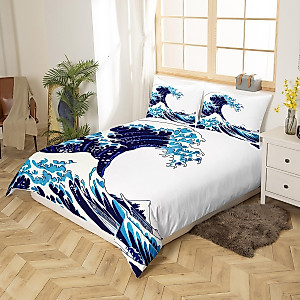 Erosebridal Sea Wave Duvet Cover Japanese Wave Comforter Cover Ocean Nautical Surf Bedding Japanese Ukiyoe Print Bedspread Cover, Soft Microfiber 1 Duvet Cover with 1 Pillow Case Twin Size