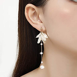 KRUCKEL White Pressed Flower Dangle Earrings | Golden Studs with Pearl like Drops | Hypoallergenic, Lightweight Jewelry for Women | Sparkle at Birthday, Anniversary, Graduation, Wedding