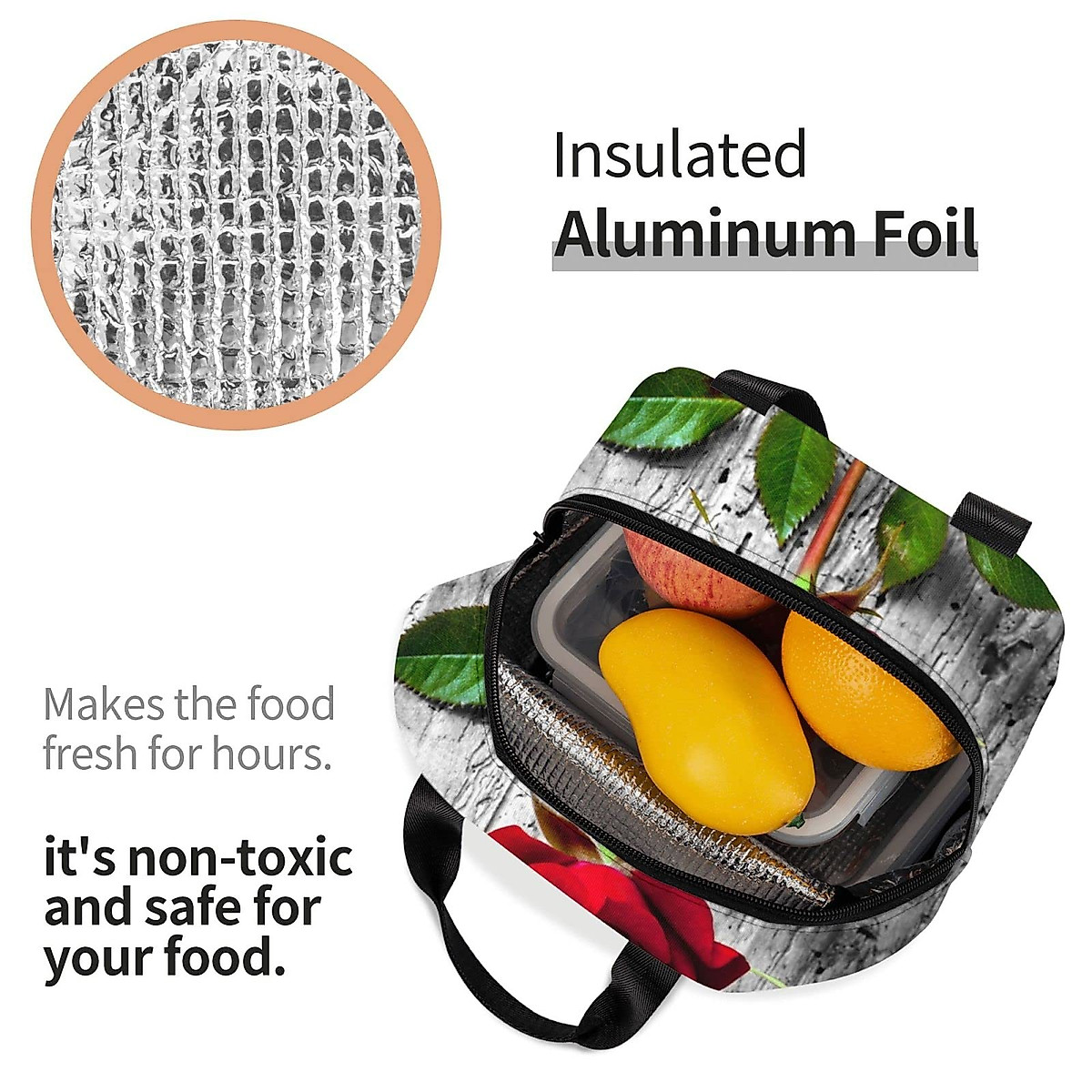 DICITNET Red Rose Lunch Box Reusable Insulated Lunch Bag Ladies Men's Lunch Box Suitable for Camping Office School