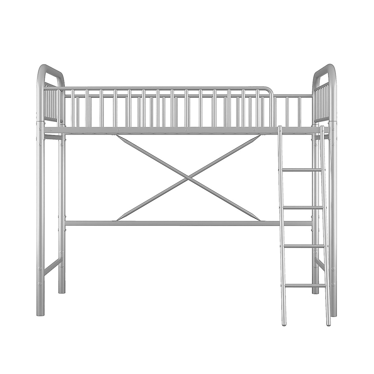 GINGVAT Twin Size Metal Loft Bed with Ladders/Full-Length Guardrails, Modern Style Study/Play Area, No Box Spring Needed, Silver