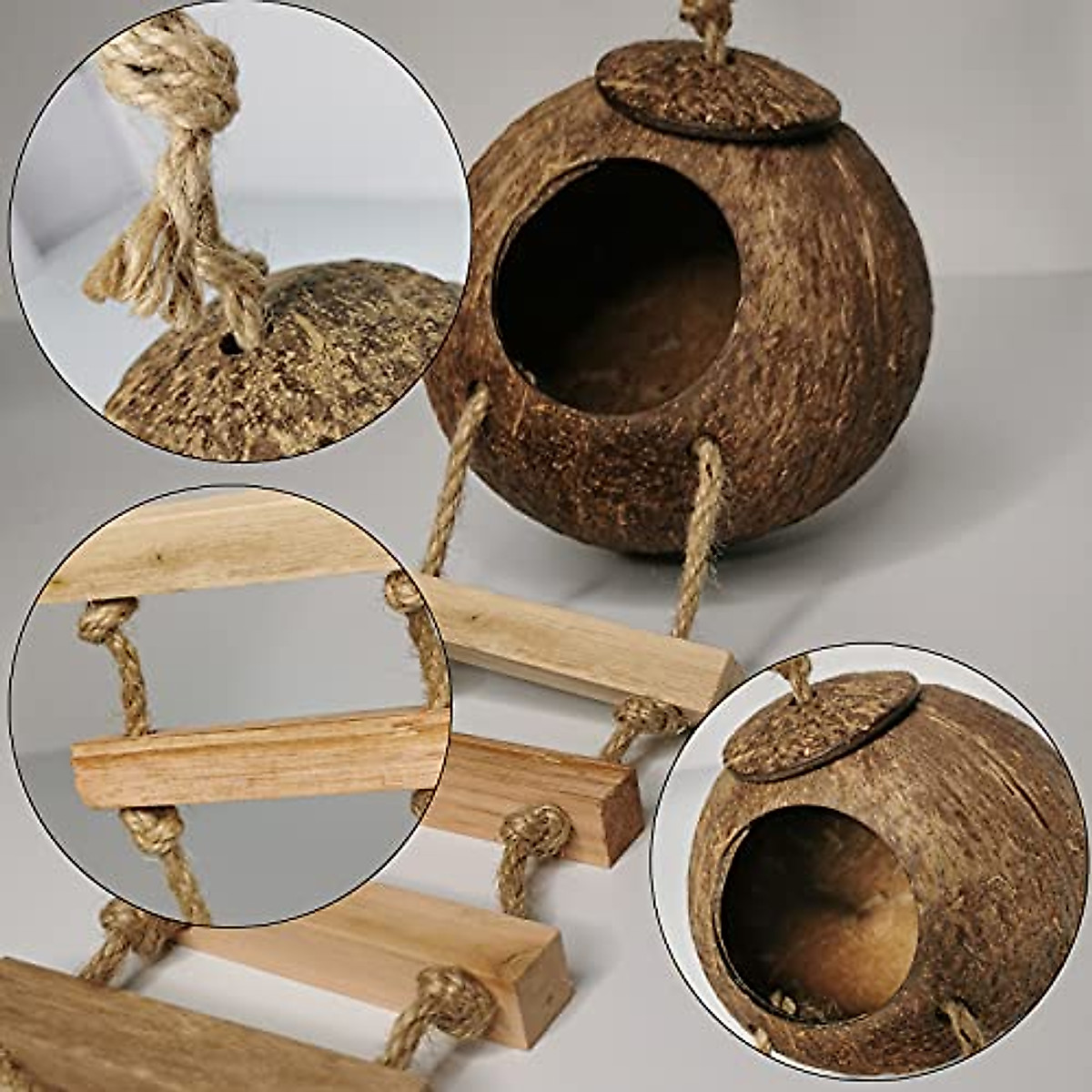 Hanging Bird House with Ladder,Natural Coconut Fiber Shell Bird Nest Breeding for Parrot Parakeet Lovebird Finch Canary,Coconut Hide Bird Swing Toys for Hamster,Bird Cage Accessories,Pet Bird Supplies