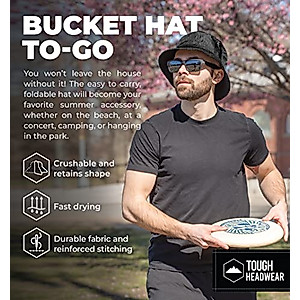 Tough Headwear Bucket Hat for Men & Women - UPF50+ Sun Protection - Foldable Beach Hat - Black