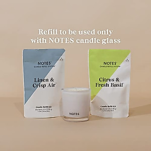 NOTES Sustainable Candle Kit | Non-Toxic Fragrance, Natural Wax Beads, Wick, Reusable Centering and Clean Out Disk, and a refillable Vessel-eco-Friendly-Linen & Crisp Air + Citrus & Fresh Basil