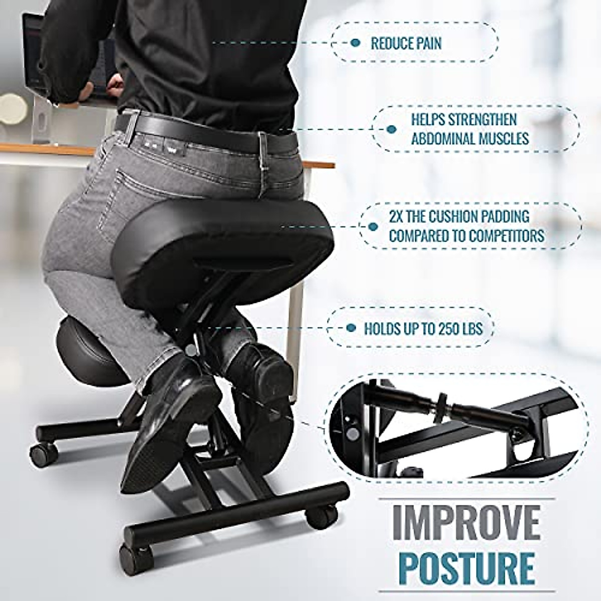 Ergonomic Kneeling Chair Home Office Chairs Thick Cushion Pad Flexible Seating Rolling Adjustable Work Desk Stool Improve Posture Now & Neck Pain - Comfortable Knees and Straight Back