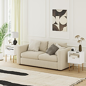 Aobafuir Nightstand with Charging Station, Drawer Dresser for Bedroom, Small Side Table with Drawer, Night Stand, End Table with Gold Frame for Bedroom, Living Room, Stripe White