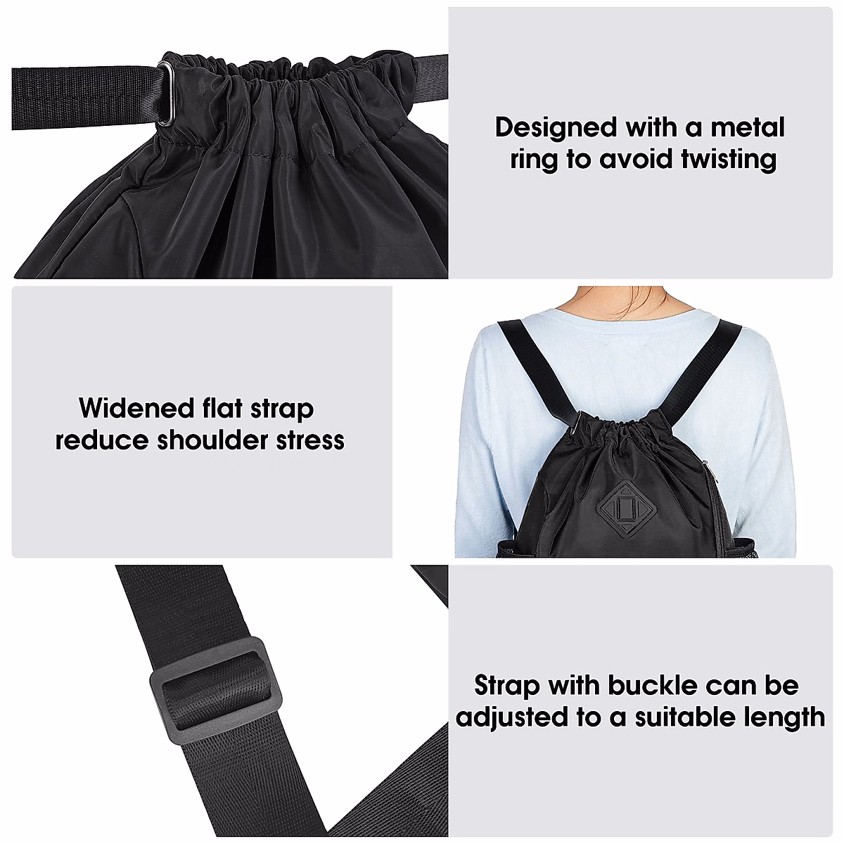 WANDF Drawstring Backpack Sports Gym Bag with Shoes Compartment, Water-Resistant String Backpack Cinch for Women Men (Small,Black)