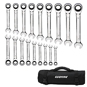Egofine 18pc Metric Wrench Set, 6 mm - 24 mm Chrome Vanadium Steel Ratcheting Wrench Set with a Roll Up Storage Bag