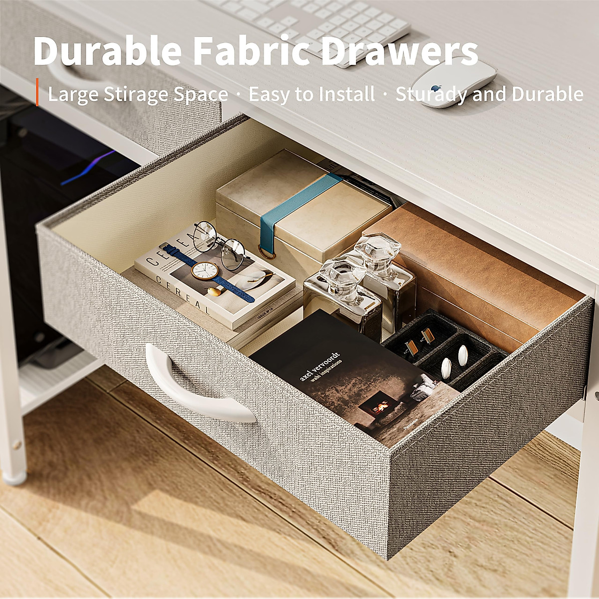 JOISCOPE Home Office Desk with Power Outlets (3AC, USB, Type-C), 60 × 20 Inch Computer Desk with 3 Drawers & Shelves, Laptop Table with Display Riser, Gaming Study Drafting Table for Bedroom, White