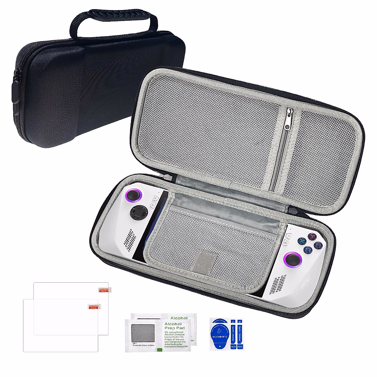 MENORCA Handheld Carrying Case for ASUS ROG Ally With 2pc Transparent HD Clear Anti-Scratch Screen Protector for ASUS ROG Ally Gaming Handheld-7 inch, Black/Double Pocket/Large Capacity