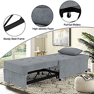 Velvet Convertible Sofa Bed, 4 in 1 Multi-Function Folding Ottoman Lounge Chair, Modern Sleeper Bed Couch Guest Bed with Adjustable Backrest and Pillow for Living Room Small Room Apartment (Gray)