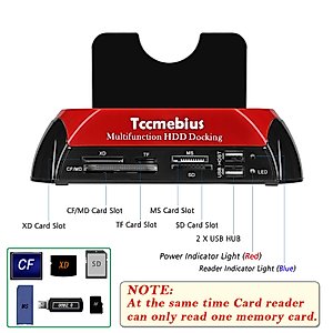 Tccmebius Hard Drive Docking Station, TCC-S862-US USB 2.0 to 2.5 3.5 Inch SATA IDE Dual Slots External Enclosure with All in 1 Card Reader and USB 2.0 Hub for 2.5" 3.5" IDE SATA I/II/III HDD SSD