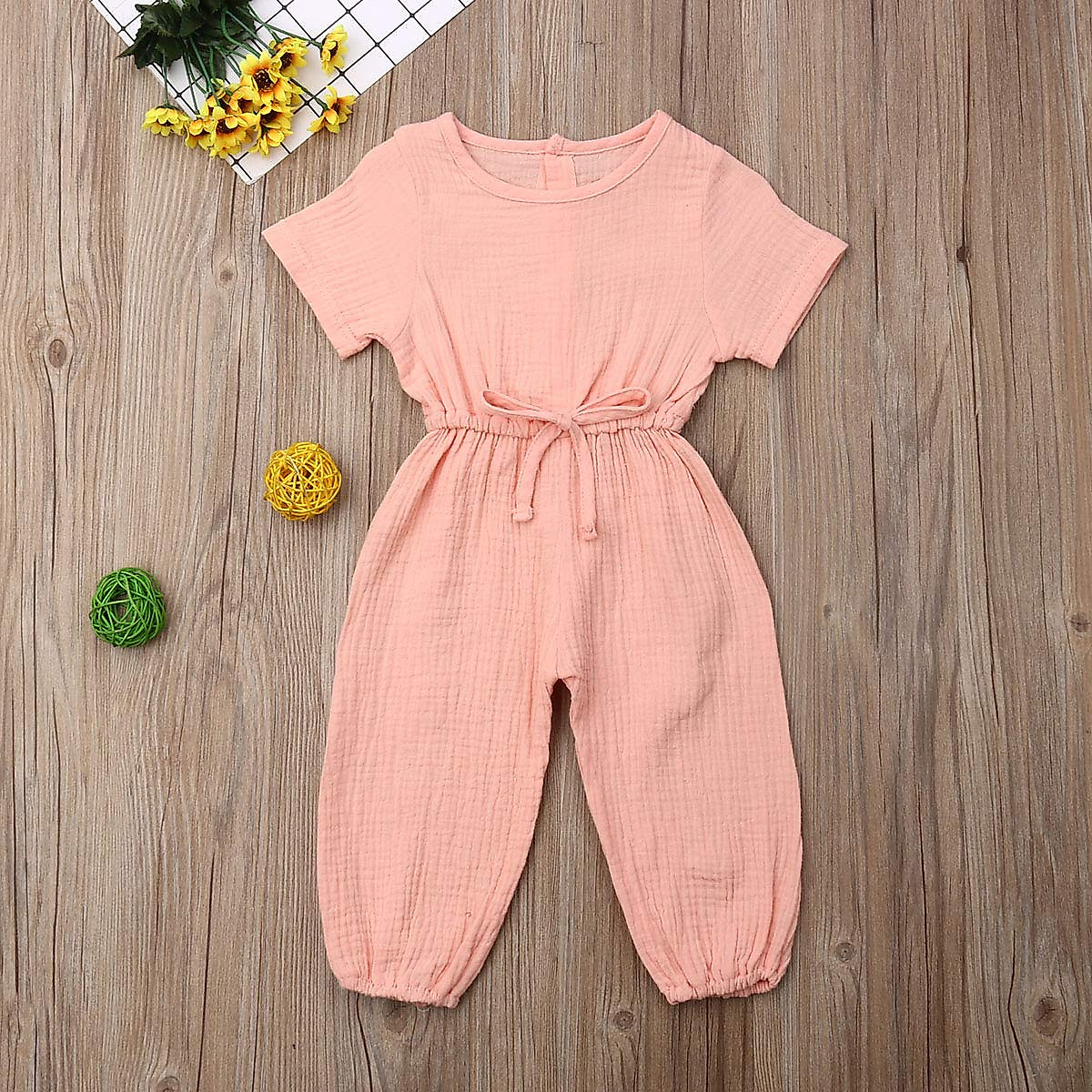 Mubineo Toddler Baby Girl Summer Fall Basic Plain Short Sleeve Cotton Linen Drawstring Romper Jumpsuit (Peach Pink, 2-3T)
