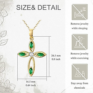 MUUYON 14K Gold Emerald Cross Necklace for Women, Real Yellow Gold Created Emerald Green Cross Pendant Necklace, Religion Jewelry for Ladies Mom Sisters, 16"+1"+1"