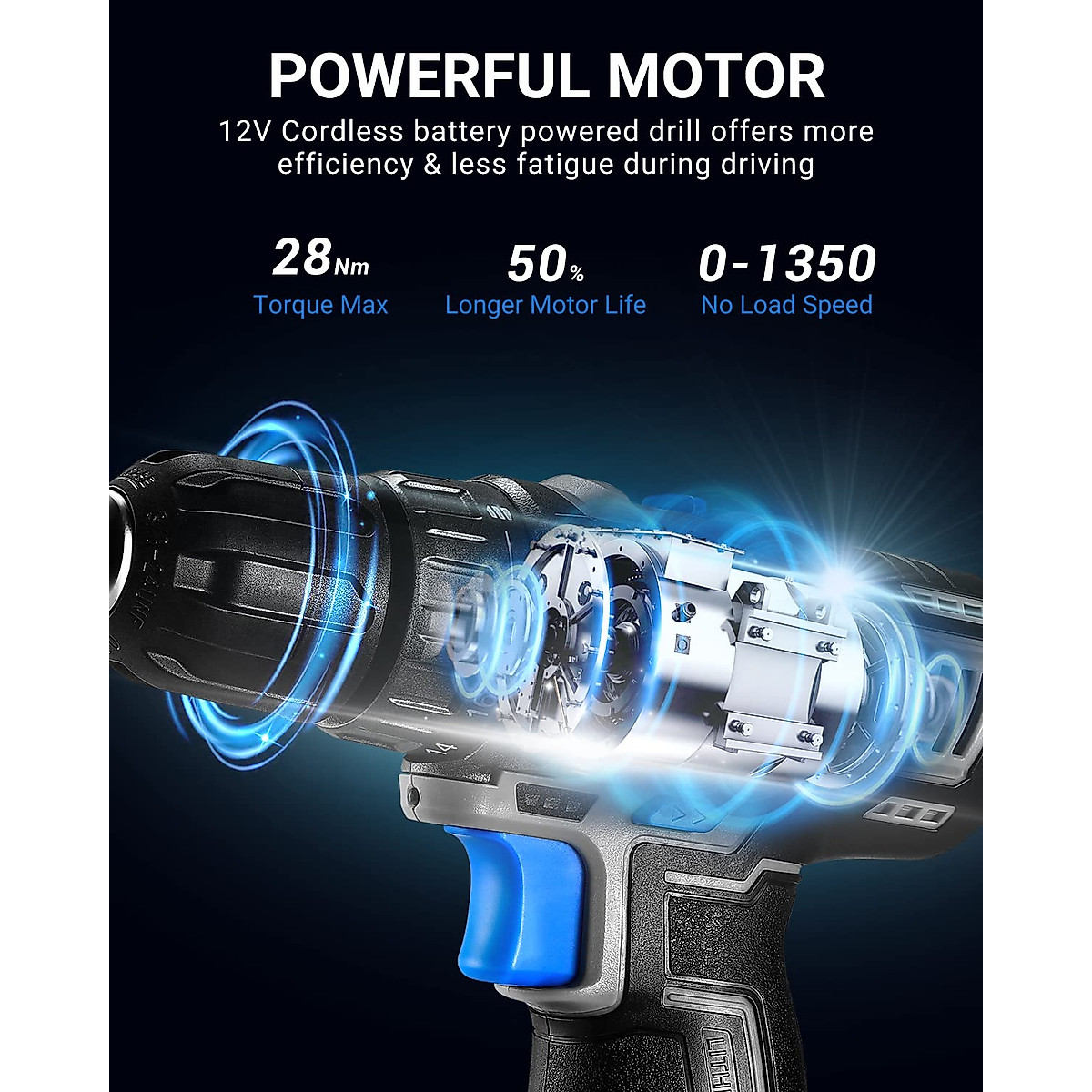 DEKOPRO Cordless Drill, 12V Rechargable Battery Electric Power Impact Drill Driver Set for Home