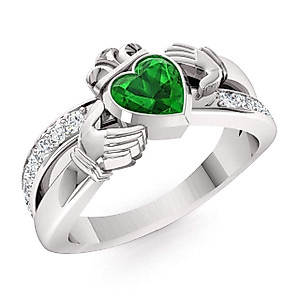 Diamondere Natural and Certified Emerald and Diamond Engagement Ring in 14K White Gold | 0.81 Carat Claddagh Ring for Women, US Size 7