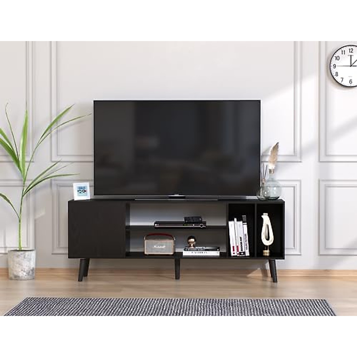 Yusong TV Stand for 55/65 inch TV, Mid Century Modern TV Console Table, Media Entertainment Center with Storage for Living Room Bedroom, Wood TV Cabinet, Oak Black