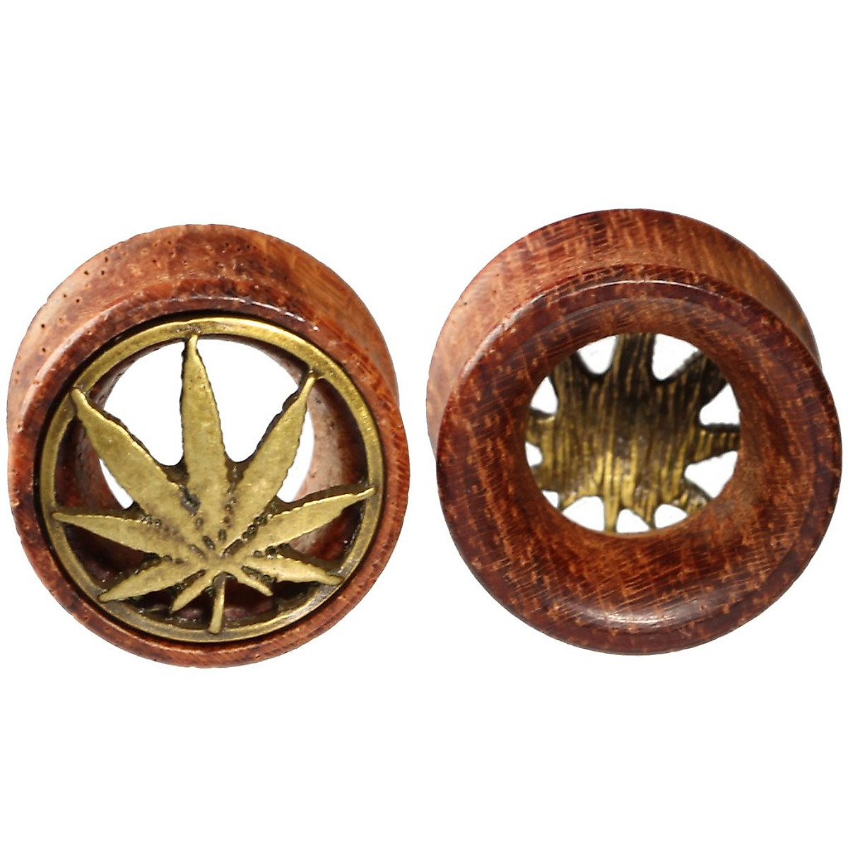 18mm 11/16" Brass Pot Leaf Marijuana Organic Wood Flesh Tunnels Double Flared Ear Stretcher Saddle Plugs Gauge