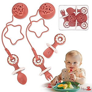 3 Pack Baby Fork and Spoon Set Suction Baby Self Feeding Utensils 6-12 Months Anti-Dropping Training Spoons For Baby Led Weaning, Silicone Toddler Utensils Feeding Supplies First + Second Stage, Red