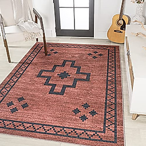 JONATHAN Y WSH118A-5 Korsa Geometric Medallion Machine-Washable Indoor Area -Rug, Bohemian Southwestern Rustic Easy -Cleaning,Bedroom,Kitchen,Living Room,Non Shedding, Brown/Navy, 5 X 8