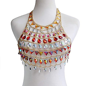 Aiosy Boho Body Chain Bra Gold Sexy Rhinestone Bikini Bra Body Halter Backless Sequins Chain Bra Beach Body Accessories Jewelry for Women (Red)