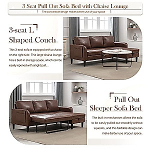 PU Leather Pull Out Sleeper Sofa Bed with Chaise, Comfy L Shaped Convertible Sleeper Couch with Storage and Pocket, Sectional 3 Seat Couch for Living Room Furniture or Office, Smooth Back - Brown
