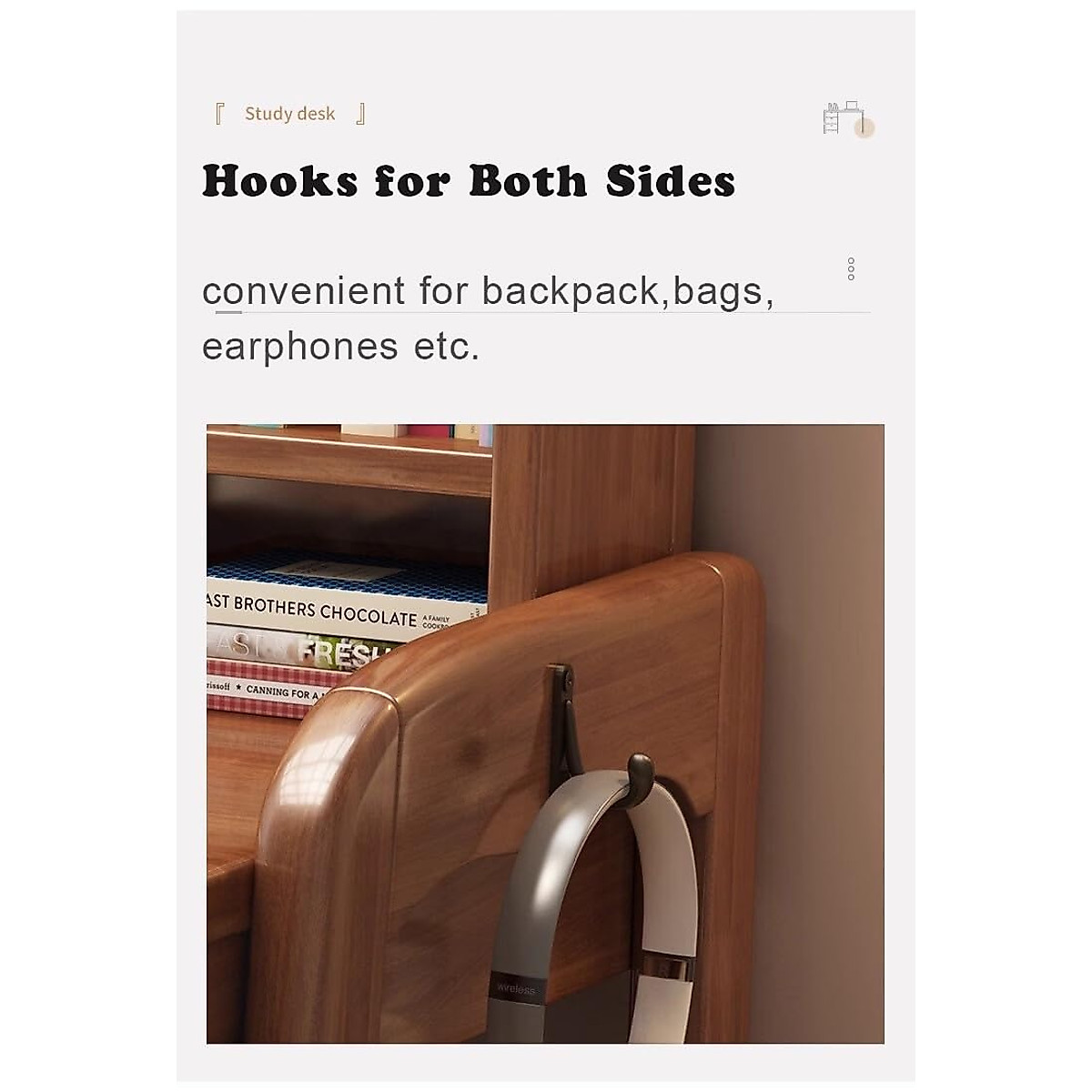 Solid Wood Desk Kids Desks with Drawers and Bookshelf, Height-Adjustable Desk Suit for All Ages, Learning Computer Workstation Writing Desk with Hooks, Study Home Office Desk ( Color : White with chai