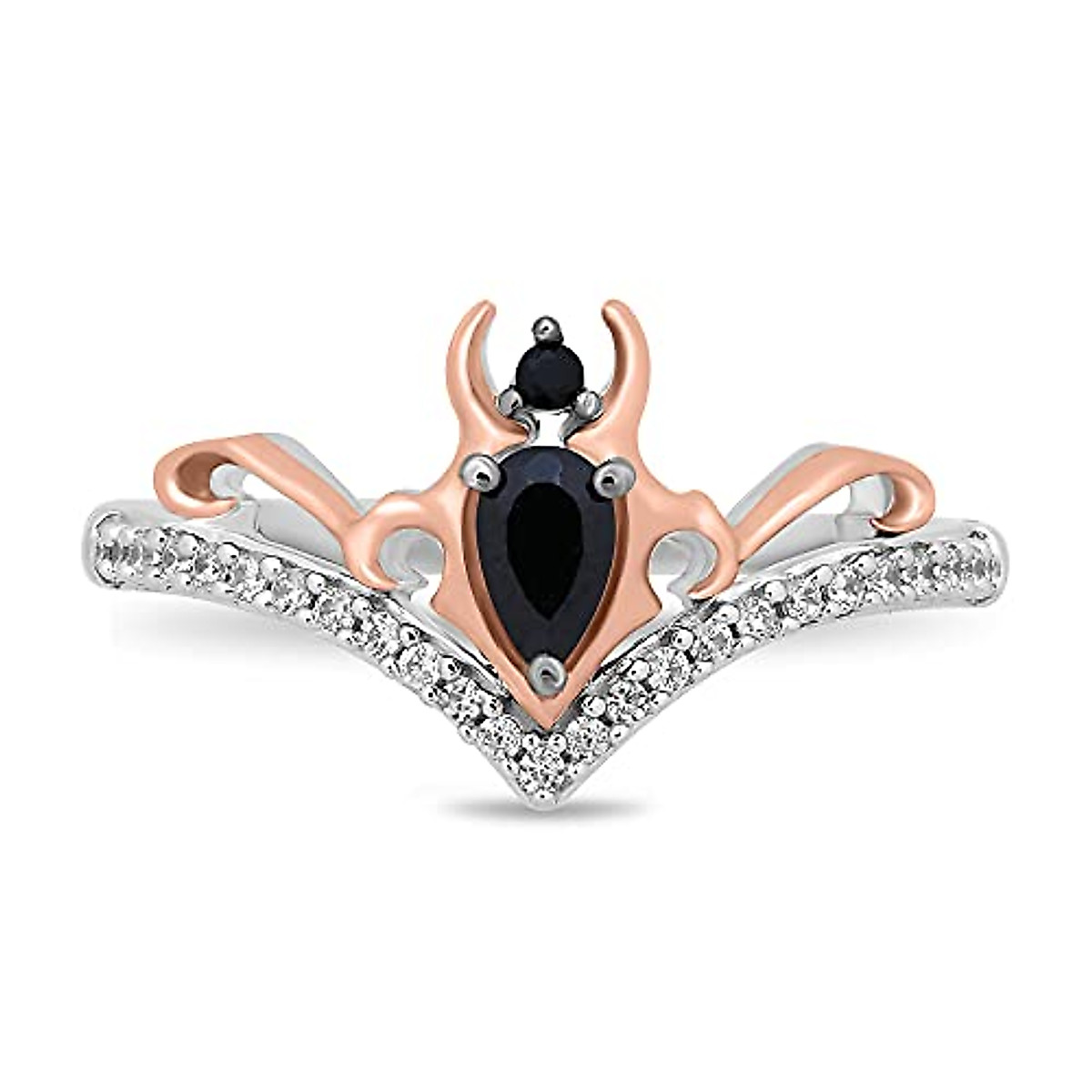 Jewelili Enchanted Disney Fine Jewelry Sterling Silver and 10K Rose Gold 5x3 MM Pear Shape Black Onyx and 1/6 Cttw Treated Black Diamond and White Round Diamond Maleficent Ring, Size 8