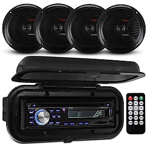 Pyle Wireless Bluetooth Marine Audio Stereo - Kit w/ Single DIN Universal Size Radio Receiver, Hands-Free Calling, 6.5" Waterproof Speakers, CD Player, MP3/USB/SD Readers & AM/FM Radio