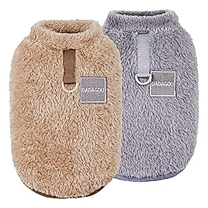 Loyanyy 2 Pack Dog Sweater Vests Warm Fleece Cat Clothes with Leash Ring Plush Cute Puppy Kitten Soft Stretchy Pullover for Winter Brown Grey Large(Tag XL)