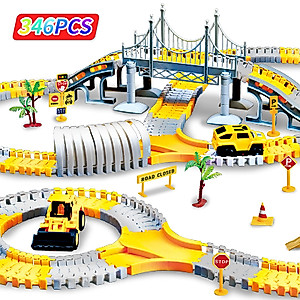 LIKID 346PCS Construction Race Tracks for Kids Boys Toys,Track Series,Construction Car and Flexible Track Playset Create A Engineering Road Toys for 3 4 5 6 7 8 Years Old Boys Girls DIY Gift