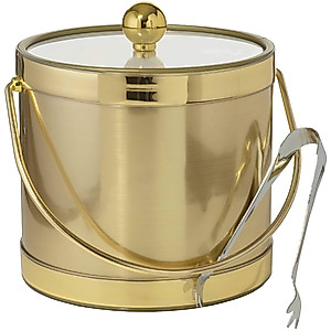 Hand Made In USA Brushed Gold Double Walled 3-Quart Insulated Ice Bucket With Ice Tongs (Metallic Deco Collection)
