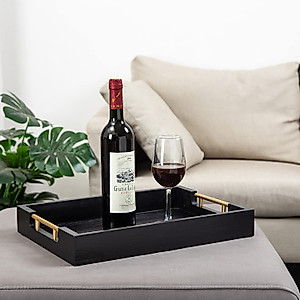 Decorative Coffee Table Ottoman Trays Modern Wood Elegant 16"x12" Rectangle Glossy Shagreen Serving Trays with Gold Metal Handles -Drinks, Liquor Serving Platter for All Occasion's(Black)