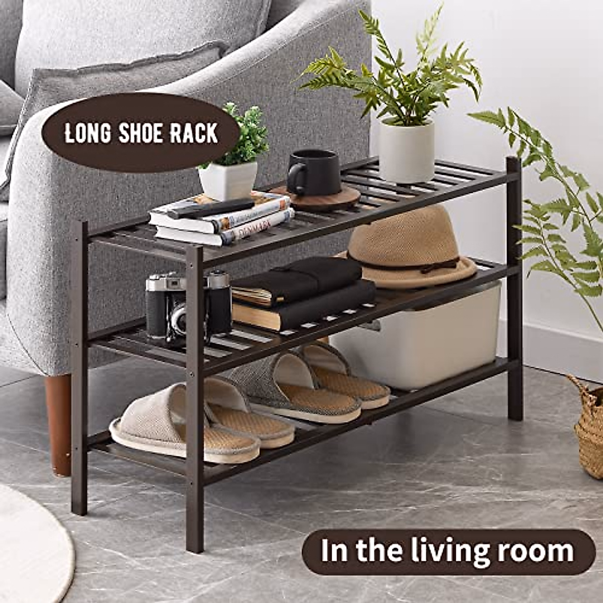 Furshus Long Shoe Rack, 3-Tier Bamboo Stackable Shoe Shelf Storage Organizer, Shoe Stand for Closet, Entryway and Hallway
