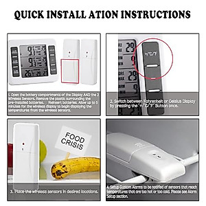 Locisne Freezer Alarm with Audible Alarm and 2 Wireless Sensors, Indoor Outdoor Refrigerator Thermometer for Home Kitchen