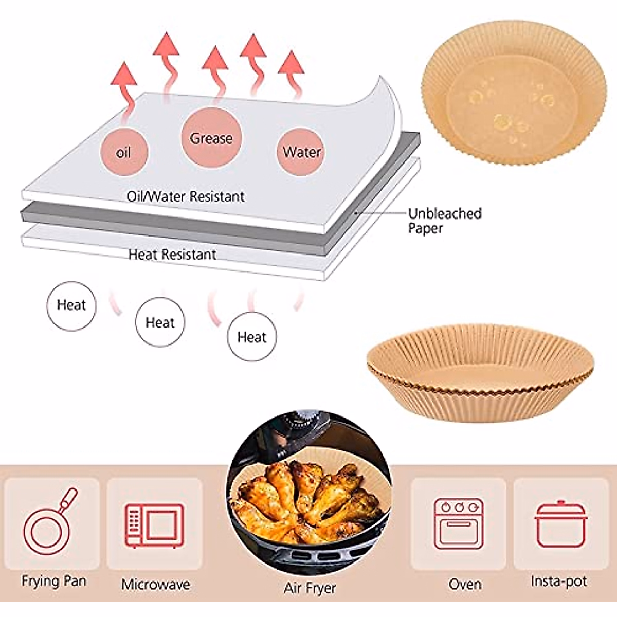 Air Fryer Disposable Paper Liner, 100PCS Non-Stick Air Fryer Round Liners, Baking Paper for Air Fryer Oil-proof, Water-proof, Food Grade Parchment Paper for Baking Roasting Microwave