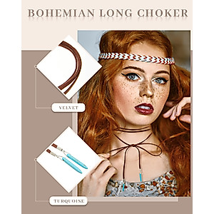 Sureio 6 Pcs Women Black Leather Velvet Long Choker Gothic Boho Brown Wrap Velvet Choker Long Chain Tassels Modern Choker with Velvet Bag for Girls Cowgirl