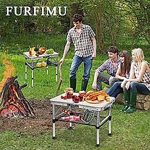 FURFIMU Small Folding Table,3 Adjustable Height Foldable Table,2Ft Portable Camping Table,Outdoor Folding Table with Net Mesh，Folding Beach Table,White Metal Folding Table for Patio BBQ