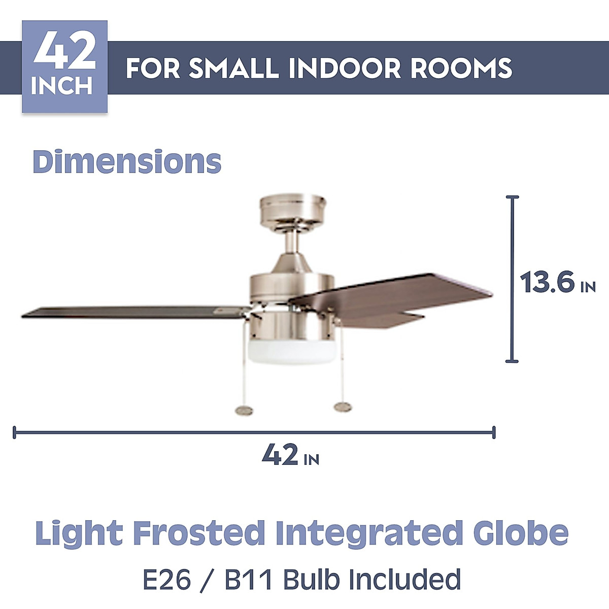 Prominence Home Reston, 42 Inch Modern Farmhouse LED Ceiling Fan with Light, Pull Chain, Dual Mounting Options, Dual Finish Blades, Reversible Motor - 51014-01 (Brushed Nickel)