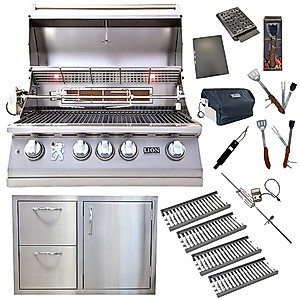 Lion Premium Grills 32-Inch Propane Grill L75000 w/ 4 Ceramic Tubes w/ Flame Tray and Made in USA Door/Drawer Como Unit and 5 in 1 BBQ Tool Set Best of Backyard Gourmet Package Deal