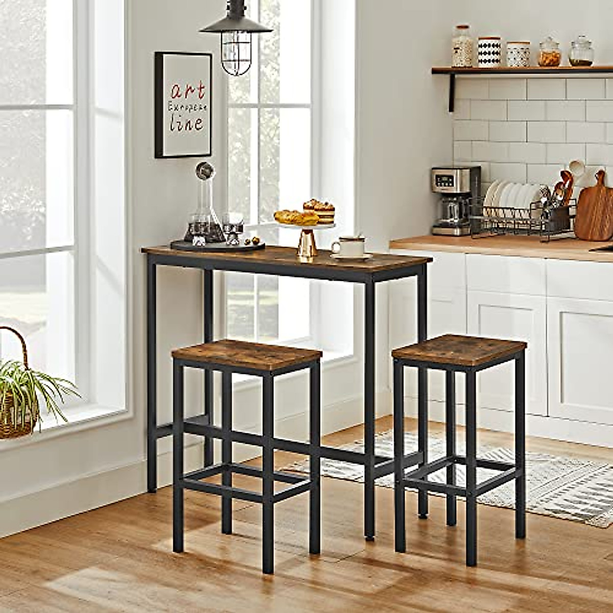 VASAGLE Dining Table Set, Bar Table and Chairs Set, Kitchen Bar Height Table with Stools Set of 2, Steel Frame, Industrial, Rustic Brown and Black ULBT218B01