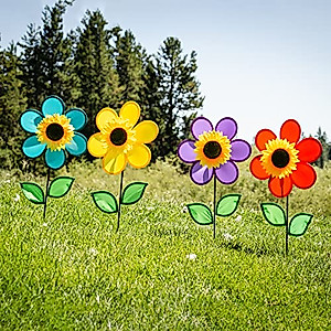 In the Breeze 12 Inch Purple Sunflower Wind Spinner with Leaves - Includes Ground Stake - Colorful Flower for Your Yard and Garden