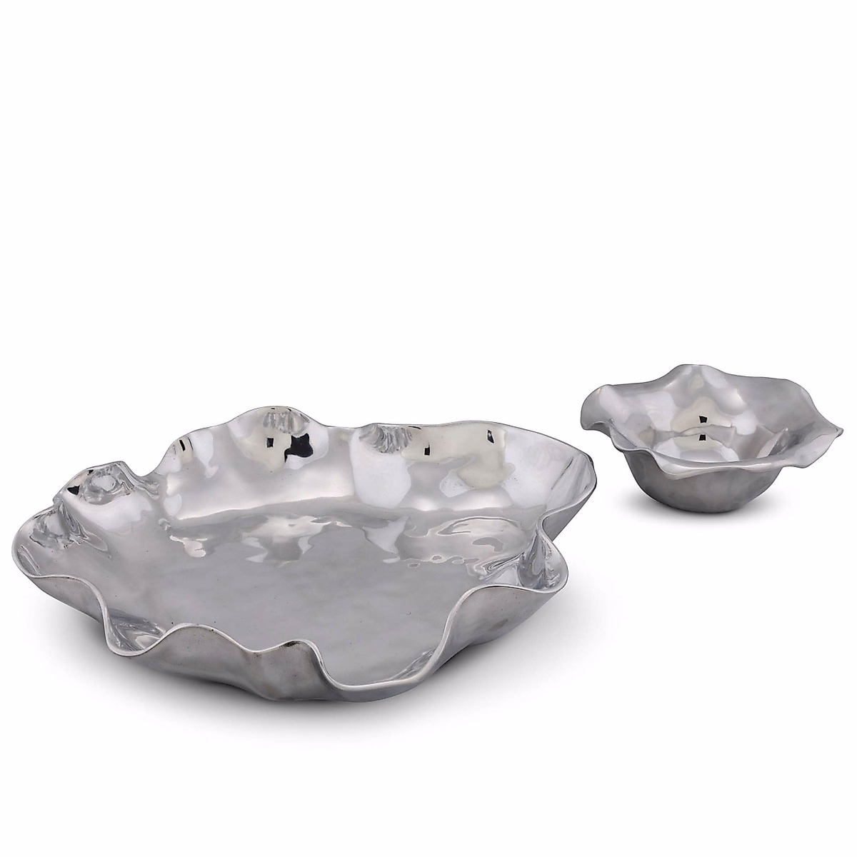 Arthur Court Metal Modern Two Piece Chip and Dip Platter and Dip Bowl in Carmel Pattern Sand Casted in Aluminum with Artisan Quality Hand Polished Designer Tarnish-Free 15 inch x 14 inch