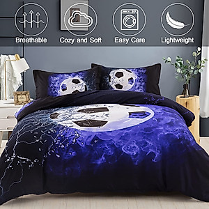Blue Flame Soccer Duvet Cover Set for Children Boys 3D Printed Football Quilt Cover Set with 2 Pillowcases Fire and Ice Bedding Set with Zipper Closure Queen Size 90" X 90"(Not Comforter)