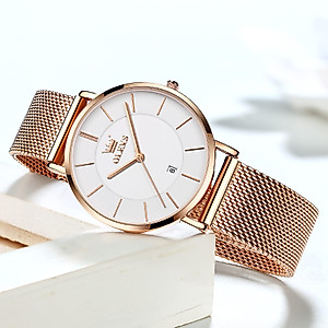OLEVS Watches for Women Large Face Rose Gold Dress Ladies Watch with Date Slim Simple Easy to Read Womens Watches for Small Wrists Waterproof Business Casual Women's Watches White Reloj para Mujer