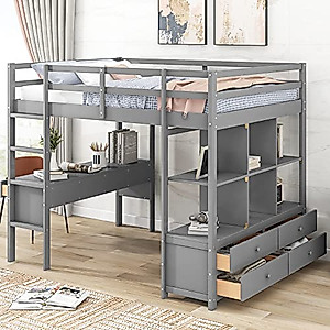 Harper & Bright Designs Full Size Loft Bed with Desk and 2 Drawers, Solid Wood Full Loft Bed with Storage Shelves and Drawers for Girls Boys Teens Adults,No Box Spring Needed,Grey