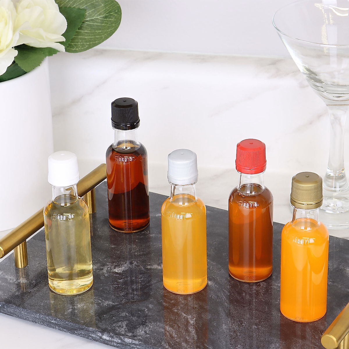 PELLAH GOODS 50 ml (1.7 oz) Clear Mini Liquor Bottle with Tamper Evident Cap, Pack of 14 Small Plastic Bottles and Lids (Black)